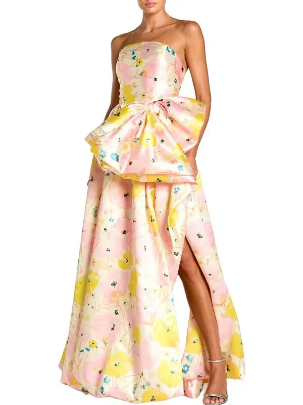 Mac Duggal Mikado Strapless Bubble Hem Ballgown With Bow - Pink Multi