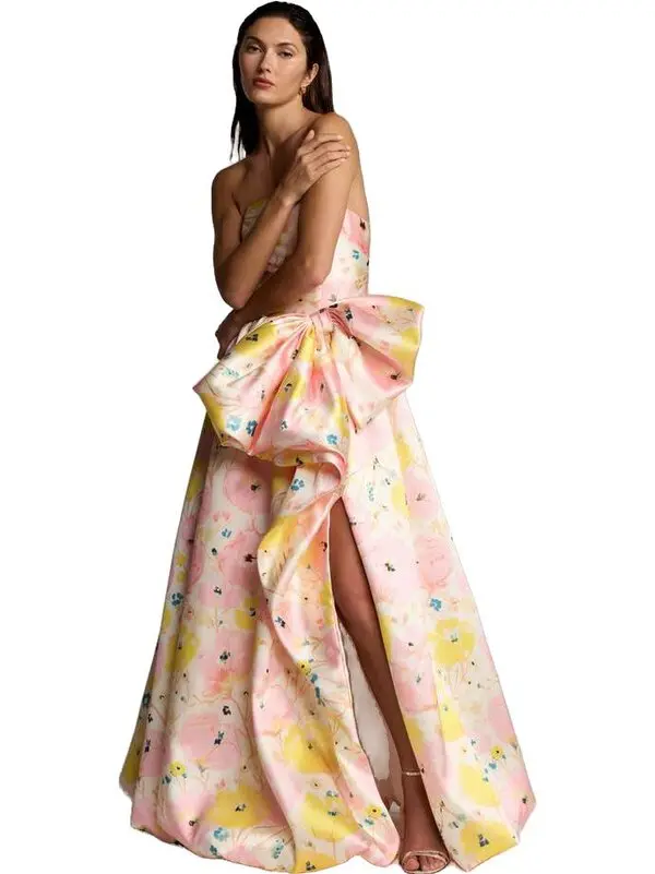 Mac Duggal Mikado Strapless Bubble Hem Ballgown With Bow - Pink Multi