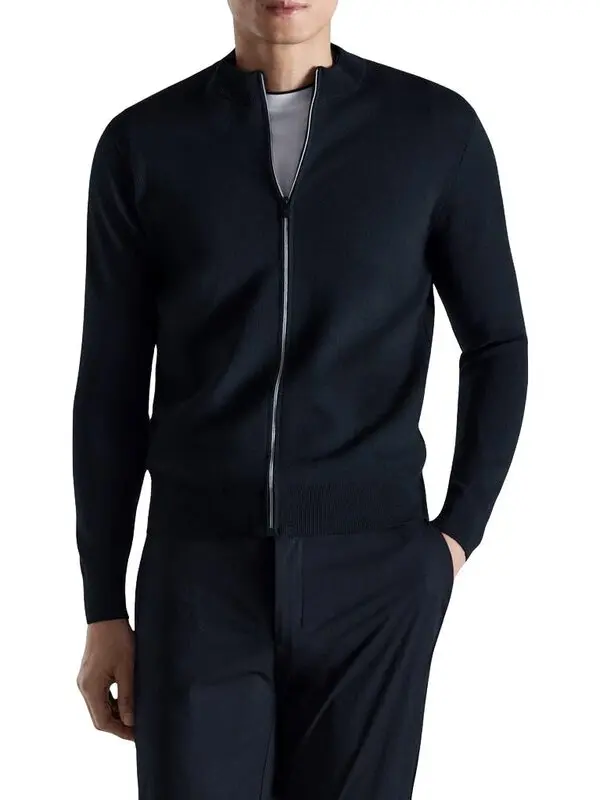 Mango Comfort Stretch Crewneck Zip Cardigan - Navy
