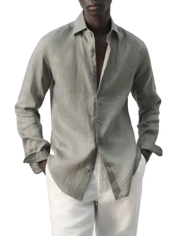 Mango Slim Fit Linen Button-up Shirt - Medium Brown