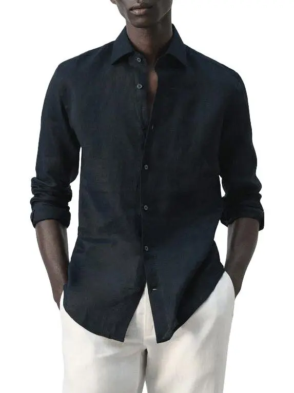 Mango Slim Fit Linen Button-up Shirt - Navy