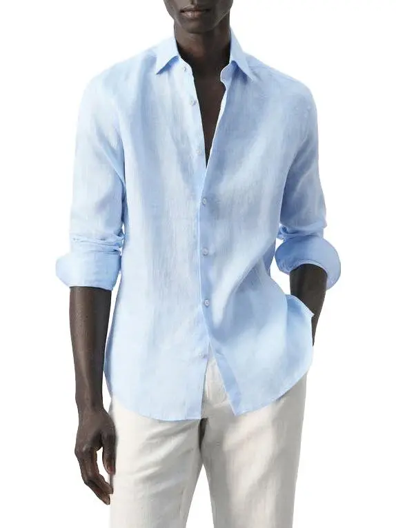 Mango Slim Fit Linen Button-up Shirt - Sky Blue