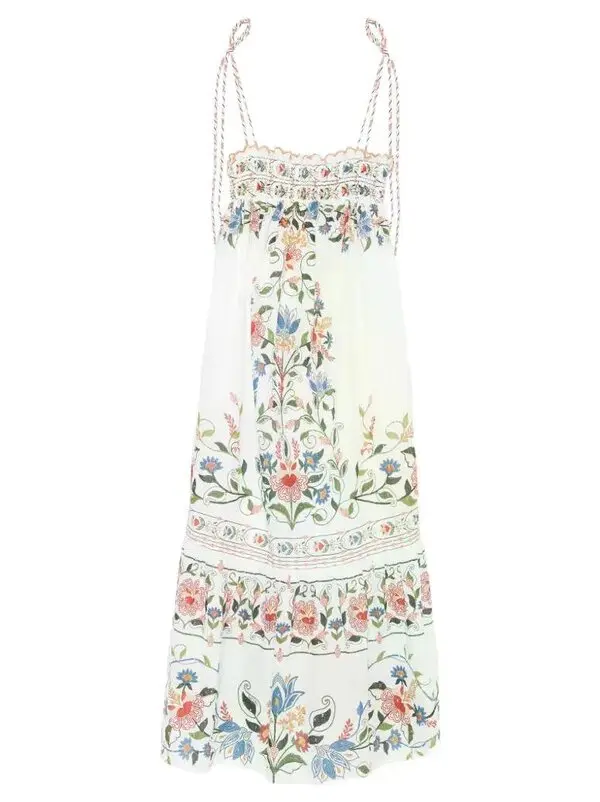 Farm Rio Floral Embroidered Tiered Midi Dress - Neutrals