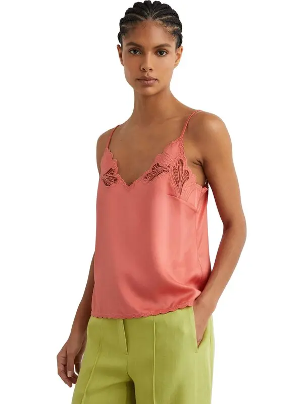 REISS Joanie Lace-detail Cami Top - Coral Pink