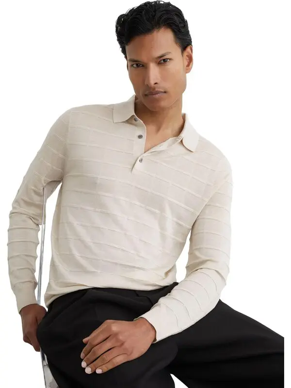 REISS Pallas Check-texture Long-sleeve Polo Jumper - Ecru