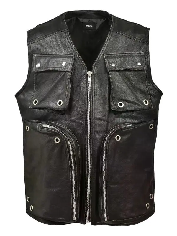 BREATH Grunge Eyelet-embellished Leather Cargo Vest - Black