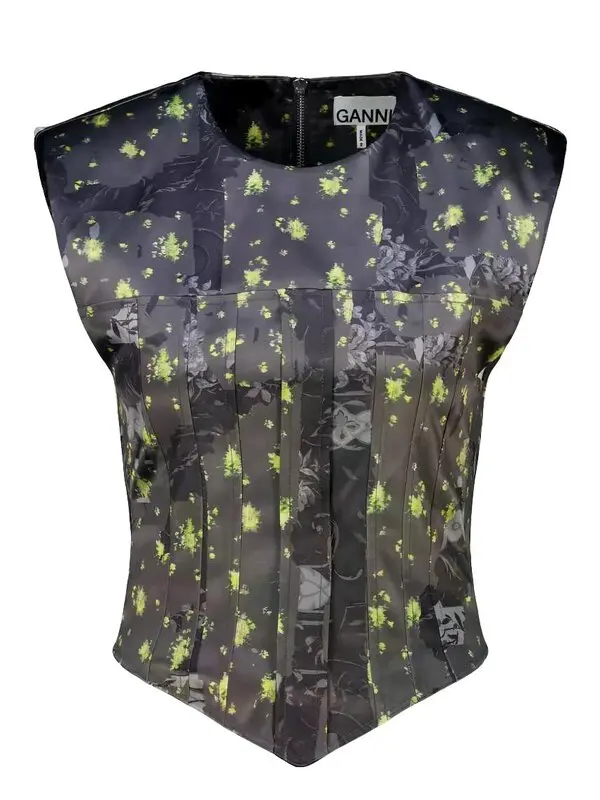 GANNI Floral-print Panelled Top - Grey