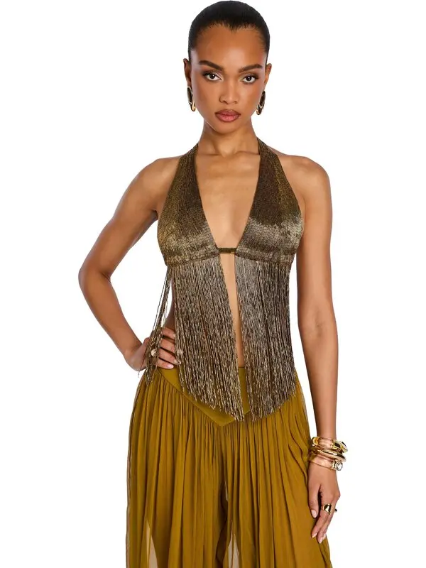 Retrofete Embellished Halter Top - Ochre