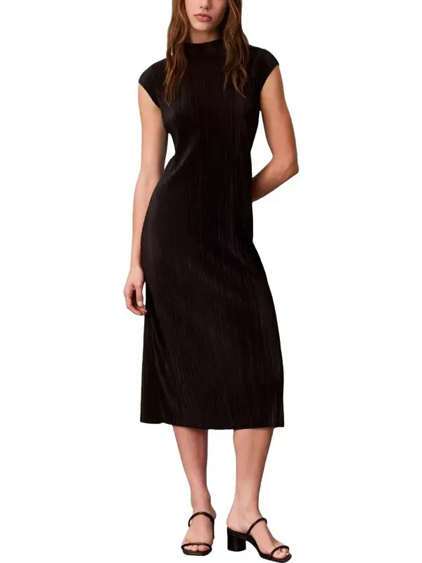 Calvin Klein Plissé-effect Cap-sleeves Dress - Black