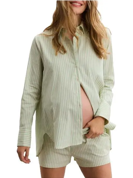 Hatch Collection Classic Button Down Shirt - Cream/green Stripe