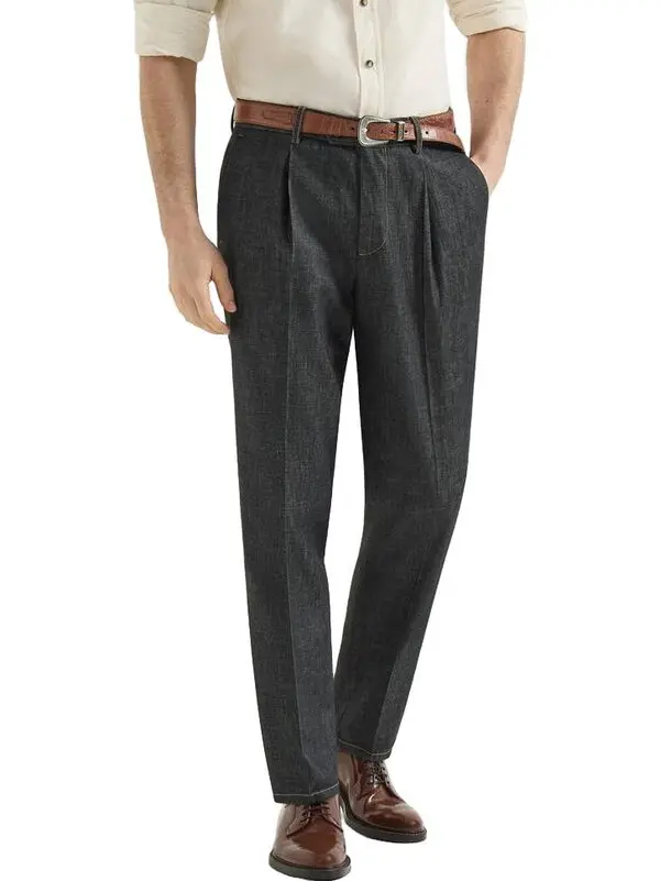 Brunello Cucinelli Pleated No-fade Denim Trousers - Dark Grey