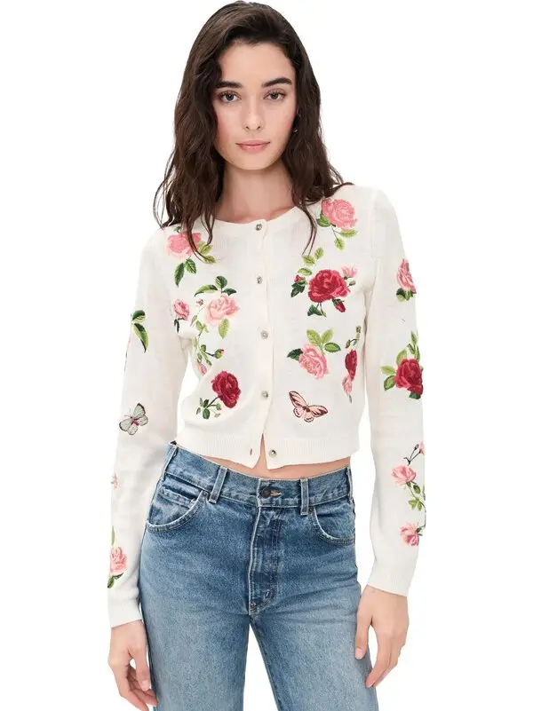 Alice + Olivia Embroidered Floral Cardigan - Garden Gossip Off White