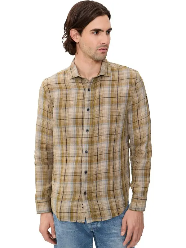 Billy Reid Dobby Plaid Linen Cedar Button Down Shirt - Olive Multi
