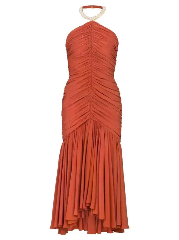 Balmain Ruched Halterneck Midi Dress - Red