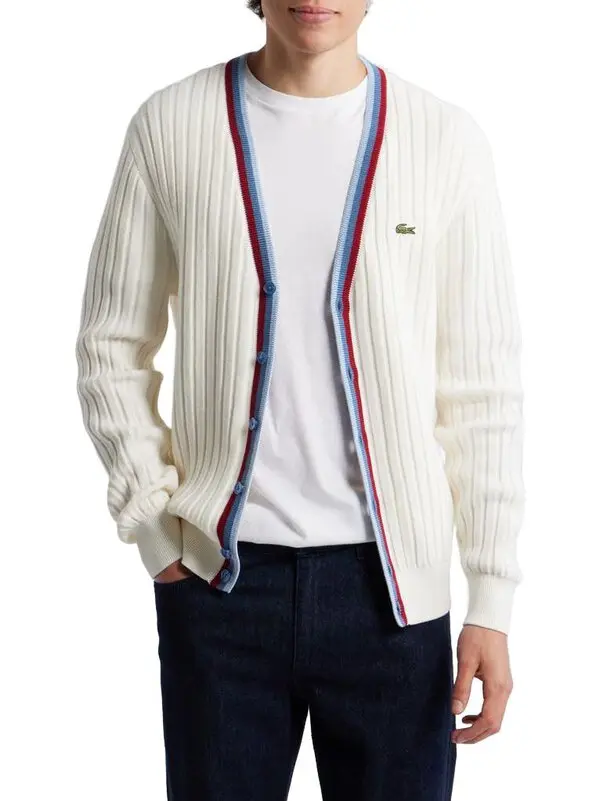 Lacoste Archive Cotton & Wool Cardigan - Flour/chambray-king-bordeaux