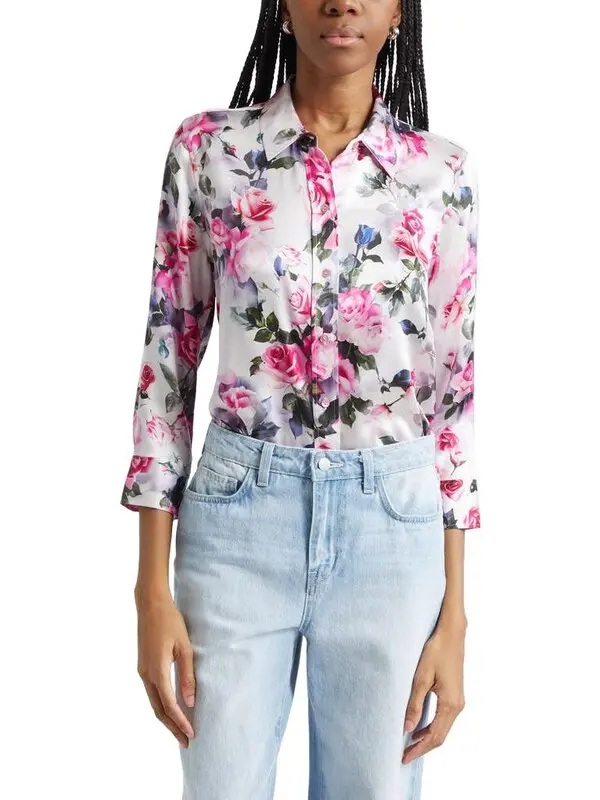 L'Agence Floral Print Three-quarter Sleeve Silk Shirt - Pink Multi Water Rose