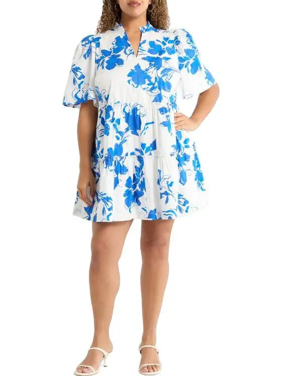 SUGARLIPS Dixie Tiered Floral Cotton Dress - White Cobalt Multi