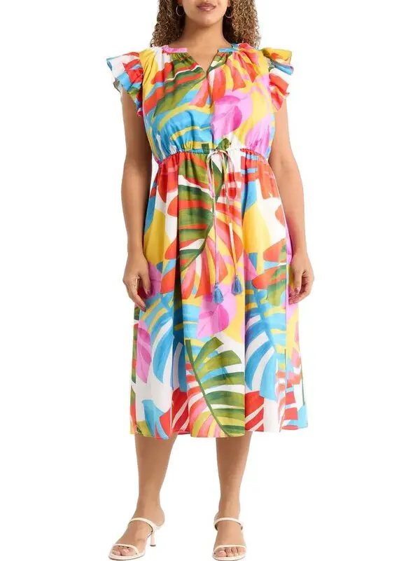 SUGARLIPS Breezy Palms Tiarna Flutter Sleeve Midi Dress - White Red Green