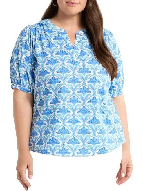 SUGARLIPS Elyse Geo Neli Puff Sleeve Cotton Top - Blues White Multi