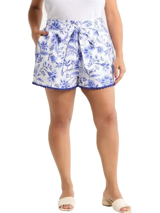 SUGARLIPS Maeve Belted Floral Shorts - White Cobalts