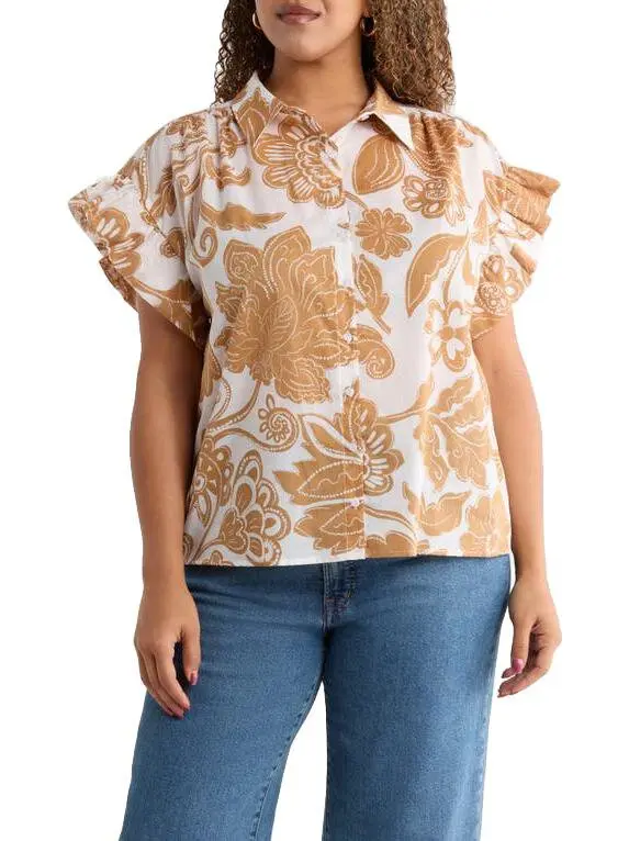 SUGARLIPS Nadya Floral Short Sleeve Button-up Shirt - White-biscuit