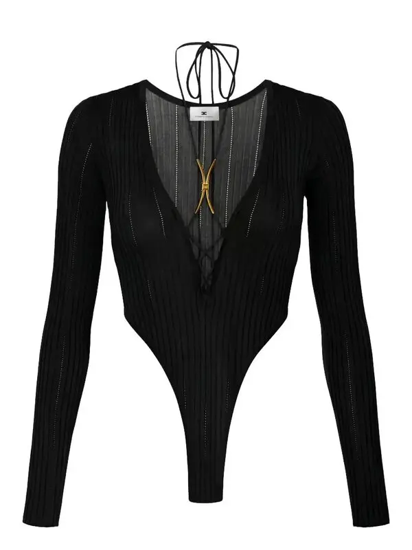Elisabetta Franchi Lace-up Ribbed-knit Bodysuit - Black