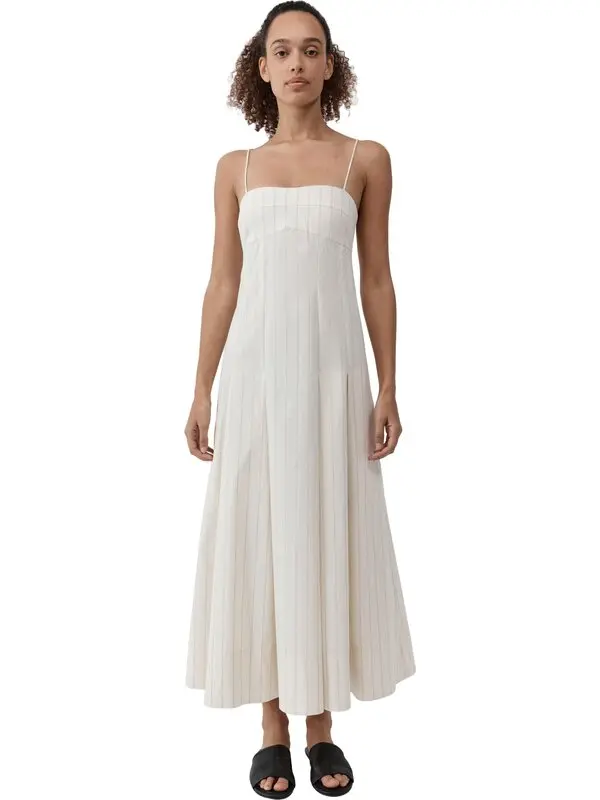ST. AGNI Cotton Pleat Dress - Ecru Stripe