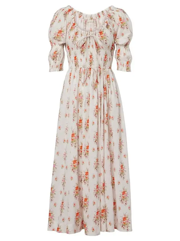 DÔEN Ischia Gathered Floral Cotton Midi Dress - Multicoloured