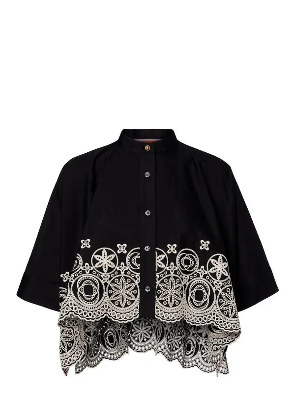 La DoubleJ Embroidered Cropped Cotton Shirt - Black