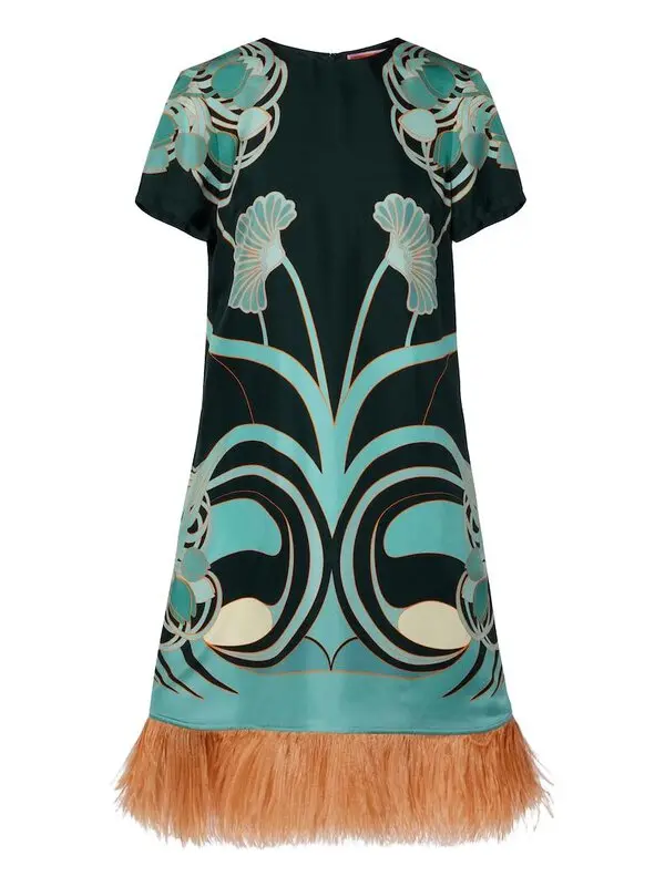 La DoubleJ Swing Feather-trimmed Floral Silk Twill Minidress - Green