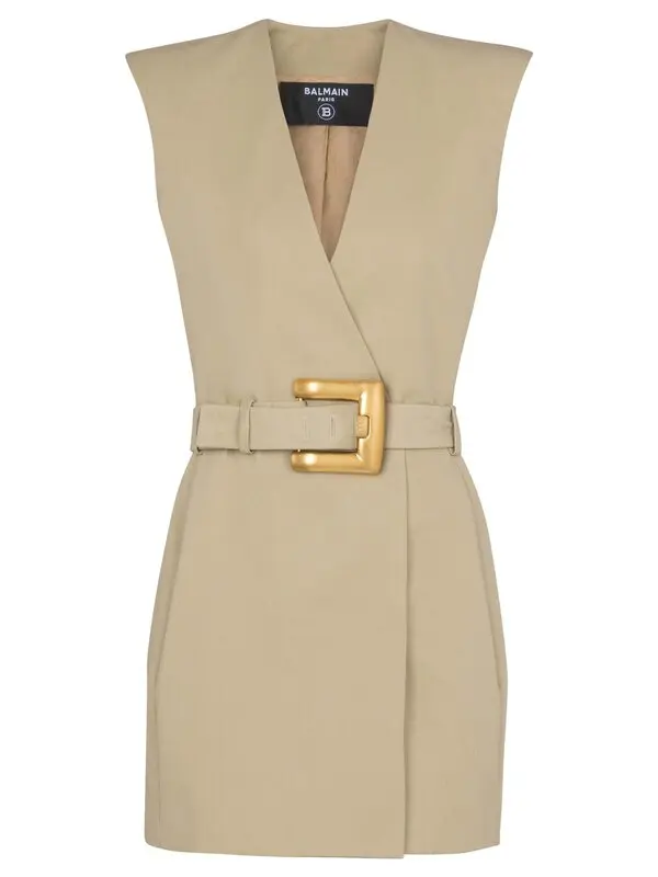 Balmain Short Belted Gabardine Dress - Beige