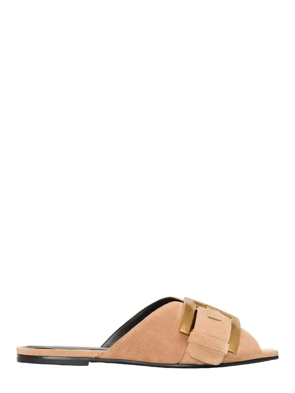 Balmain Flat Suede Leather Anthem Mules - Beige