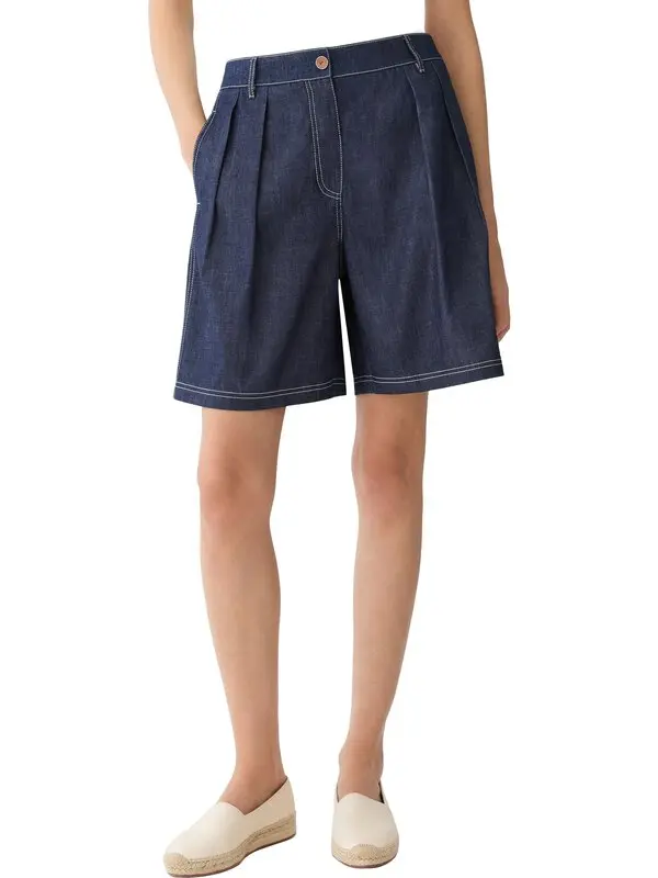 Lafayette 148 New York Cotton Chambray Wide Leg High Rise Short - Shipyard Indigo