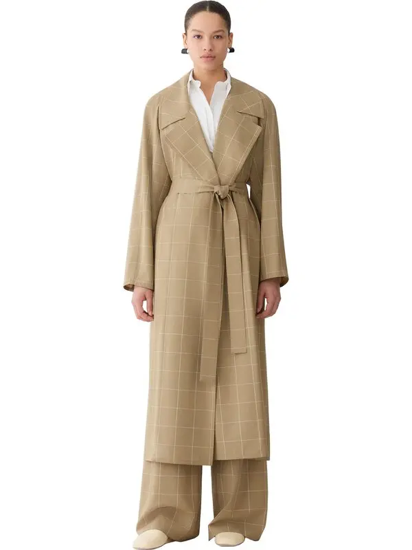 Lafayette 148 New York Plaid Tropical Wool Belted Duster Trench - Cadet Khaki Multi