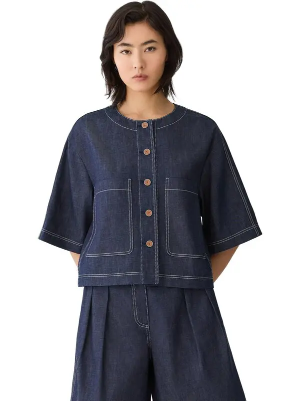 Lafayette 148 New York Cropped Patch Pocket Jacket - Shipyard Indigo