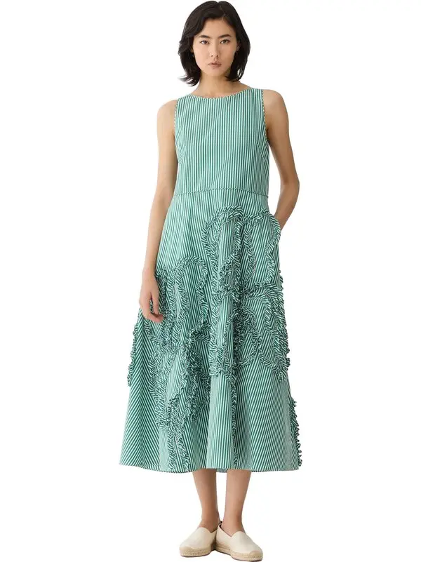 Lafayette 148 New York Striped Cotton Poplin Midi Dress With Floral Appliqu - Grass Multi