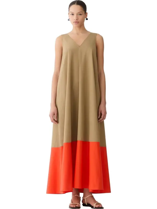 Lafayette 148 New York Organic Cotton Poplin Color Block Maxi Dress - Cadet Khaki/orange Poppy