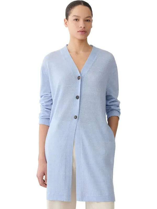 Lafayette 148 New York Cashmere Linen Long Cardigan - Delphinium Blue Melange