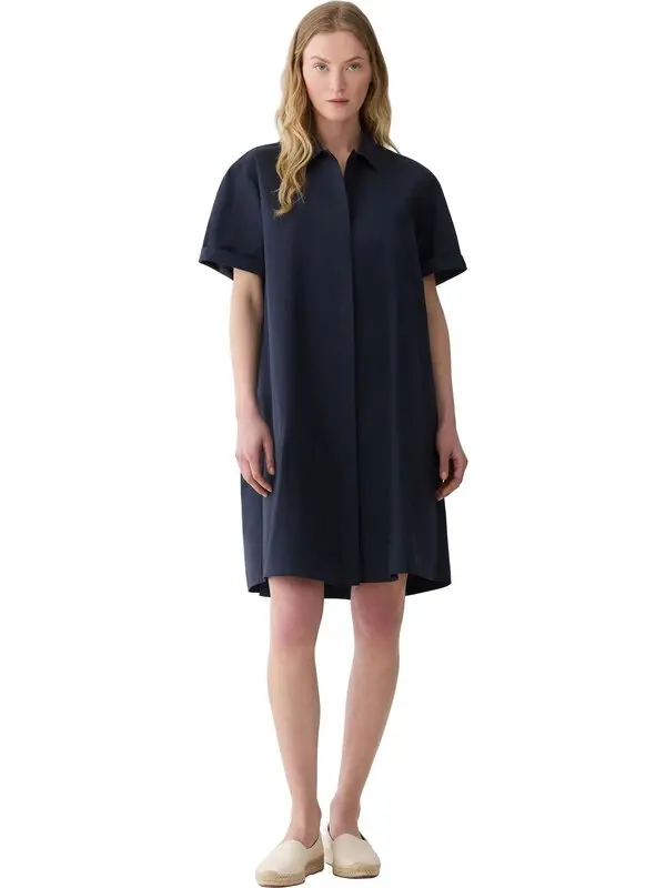Lafayette 148 New York Organic Cotton Poplin Pleated Mini Shirtdress - Blue Ink