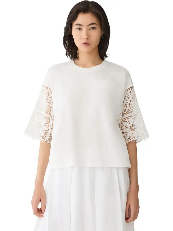 Lafayette 148 New York Cotton Jersey Top With Lace Sleeves - White