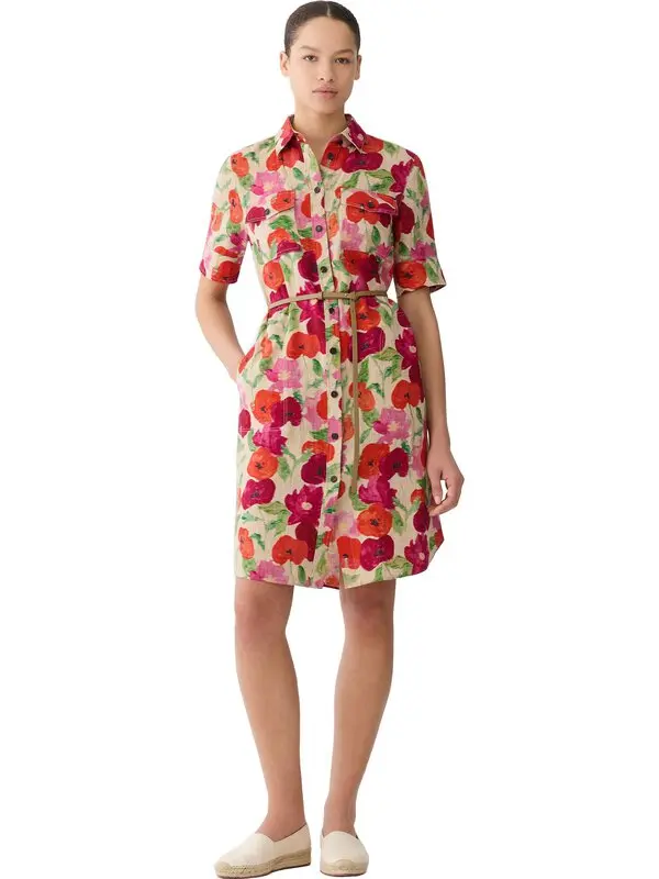 Lafayette 148 New York Blossom Print Organic Linen Shirt Dress - Cadet Khaki Multi