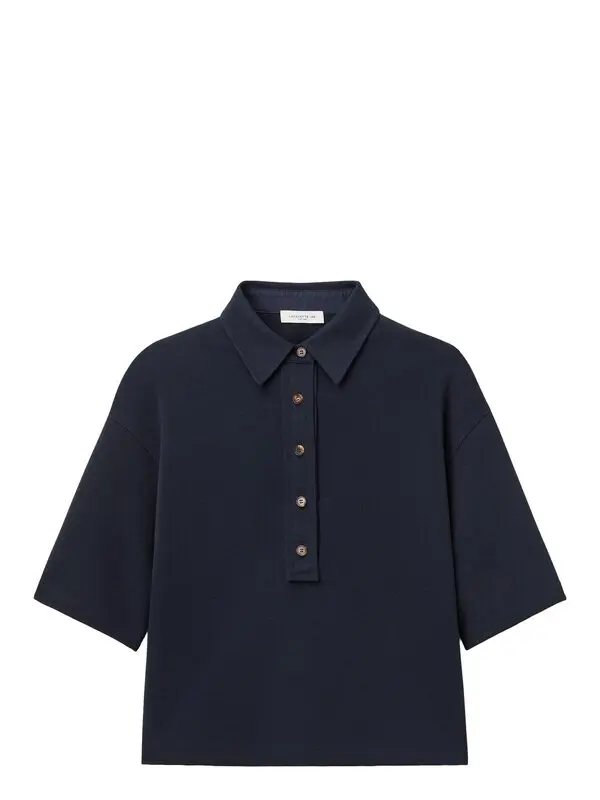 Lafayette 148 New York Cotton Pique Jersey Cropped Polo Top - Blue Ink