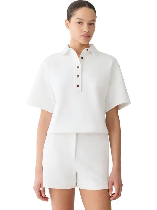 Lafayette 148 New York Cotton Pique Jersey Cropped Polo Top - White