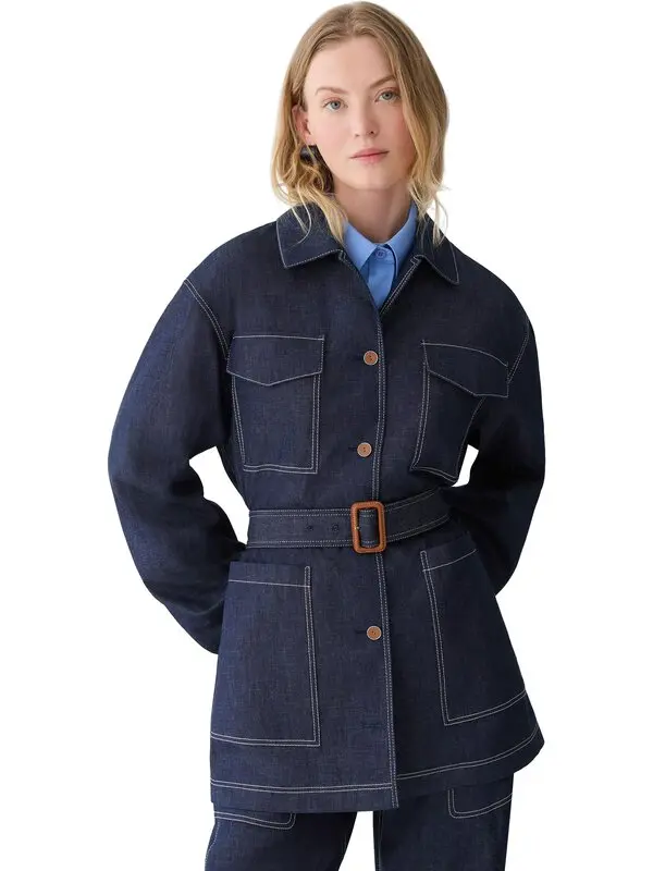 Lafayette 148 New York Chambray Cotton Belted Shirt Jacket - Shipyard Indigo
