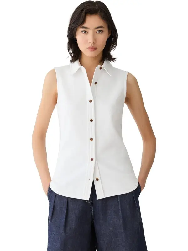 Lafayette 148 New York Cotton Pique Jersey Button Front Top - White