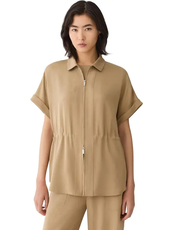 Lafayette 148 New York Organic Silk Georgette Zip-front Blouse - Cadet Khaki