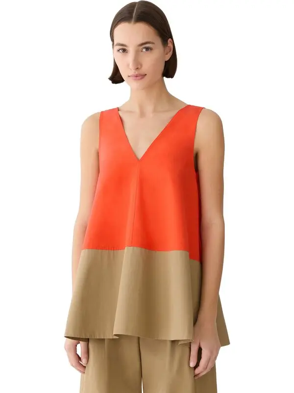 Lafayette 148 New York Organic Cotton Poplin Swing Tank - Orange Poppy/cadet Khaki
