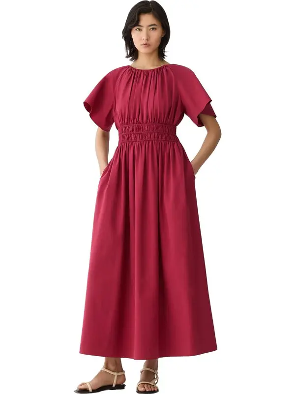 Lafayette 148 New York Organic Cotton Poplin Shirred Waist Midi Dress - Scarlet Hollyhock