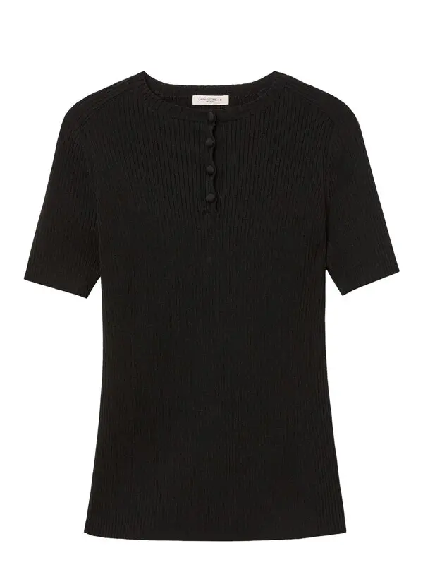 Lafayette 148 New York Fine Voile Ribbed Henley Tee - Black