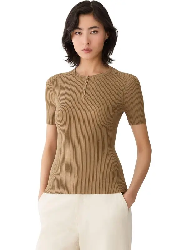 Lafayette 148 New York Fine Voile Ribbed Henley Tee - Cadet Khaki